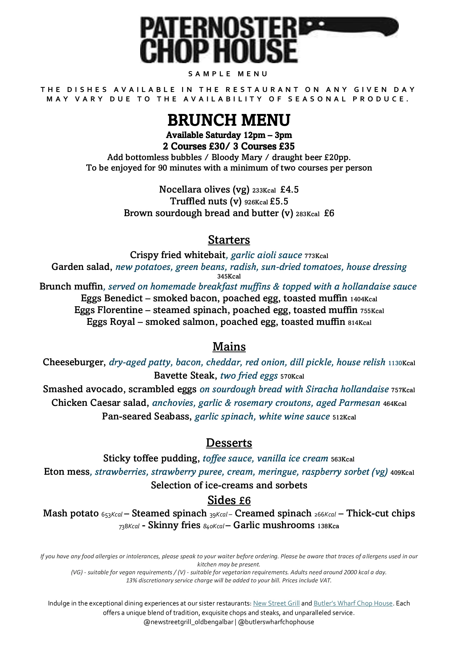 Bottomless Brunch Menu Paternoster Chop House